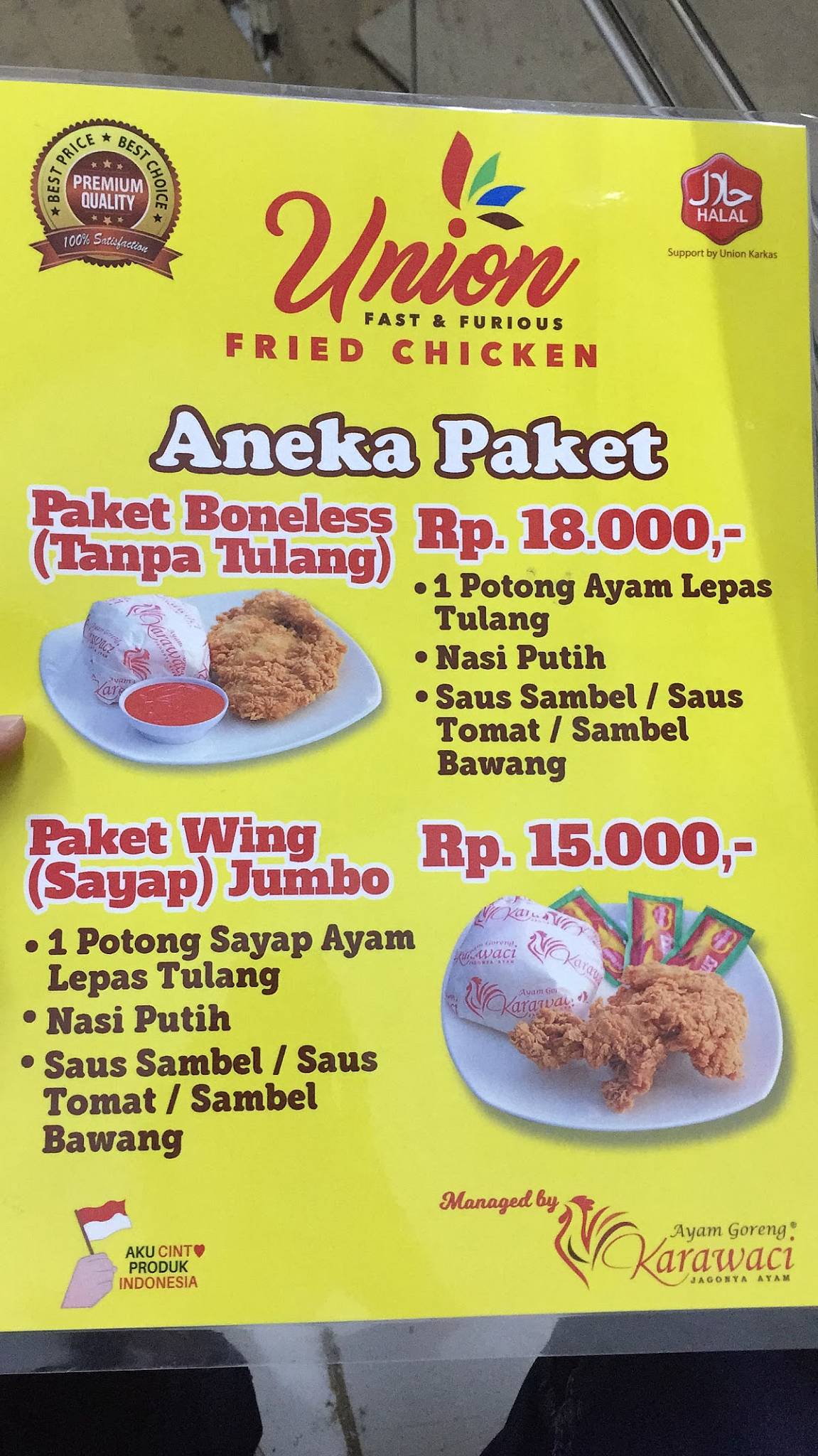 Carta del restaurante Union Fried Chicken, Bandengan Utara, Yakarta