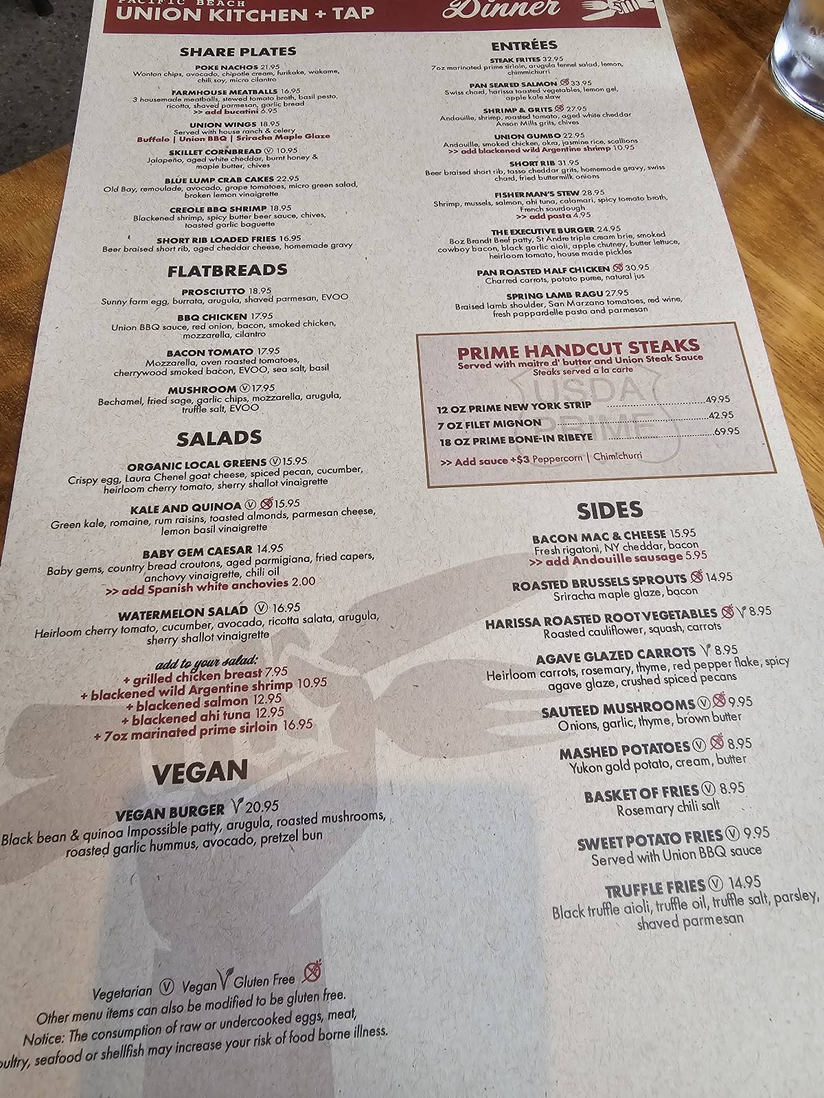 Menu at Union Kitchen & Tap Pacific Beach pub & bar, San Diego