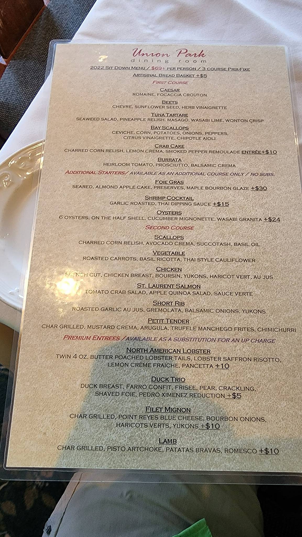 Menu at Union Park Dining Room steakhouse, Cape May
