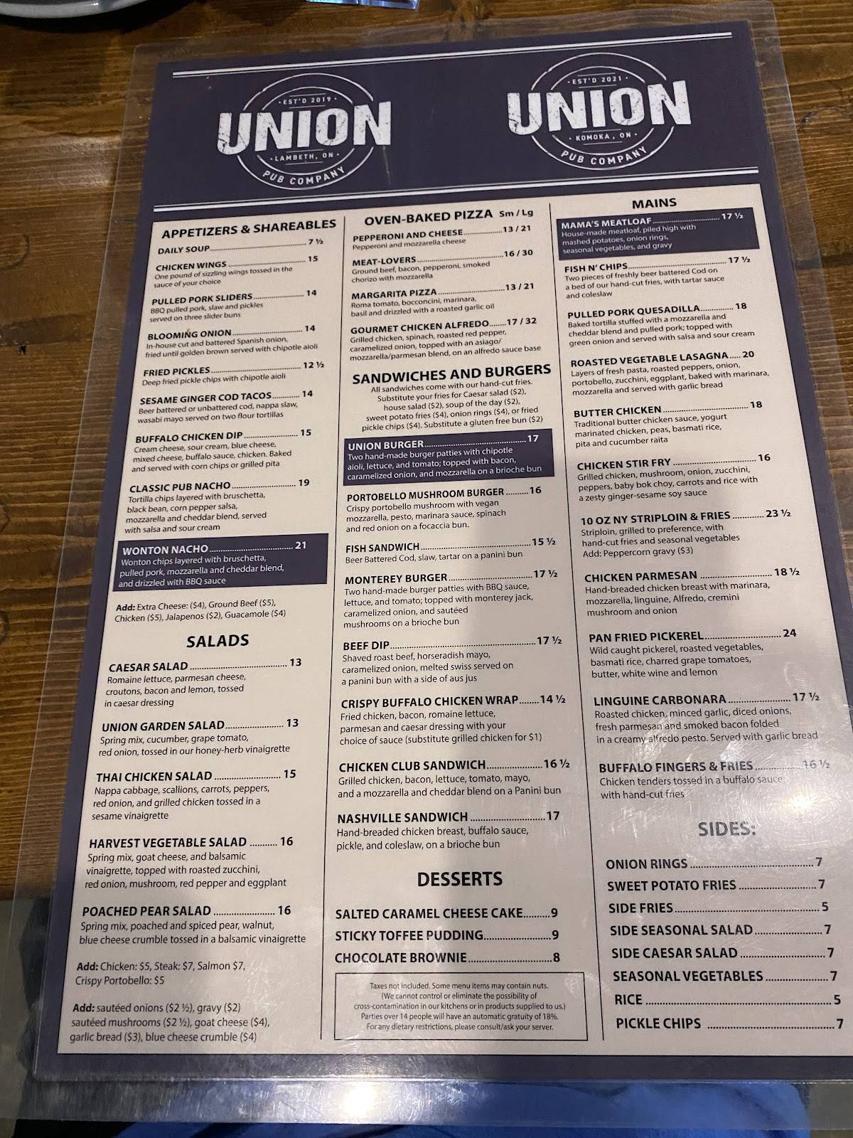 Menu at Union Pub Komoka, Komoka