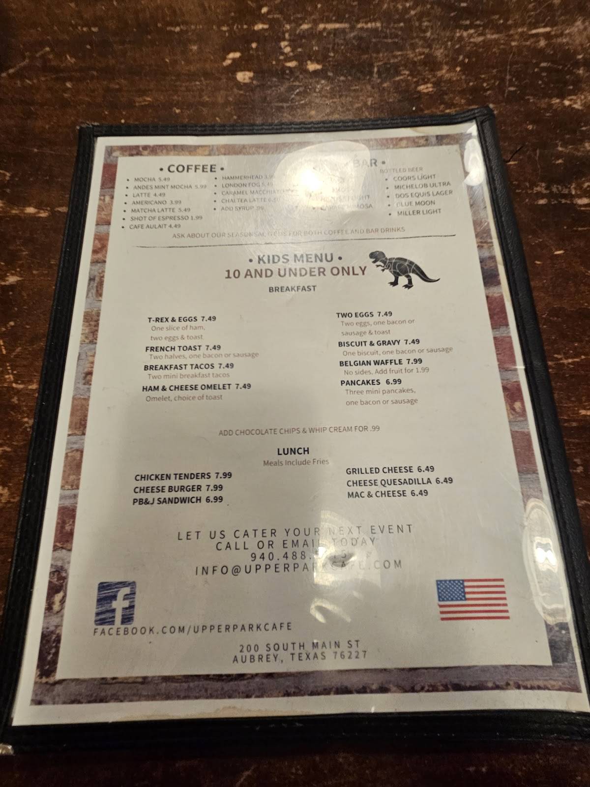 Menu at Upper Park Cafe, Aubrey