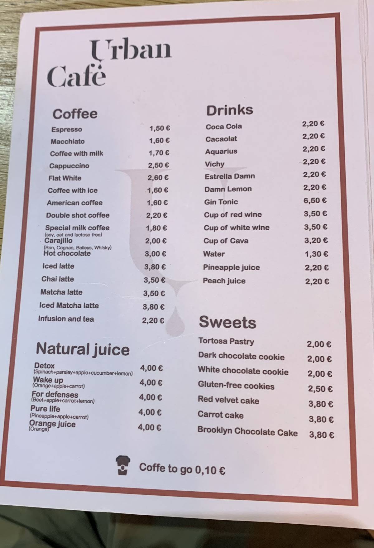 Carta de Urban Cafe, Barcelona