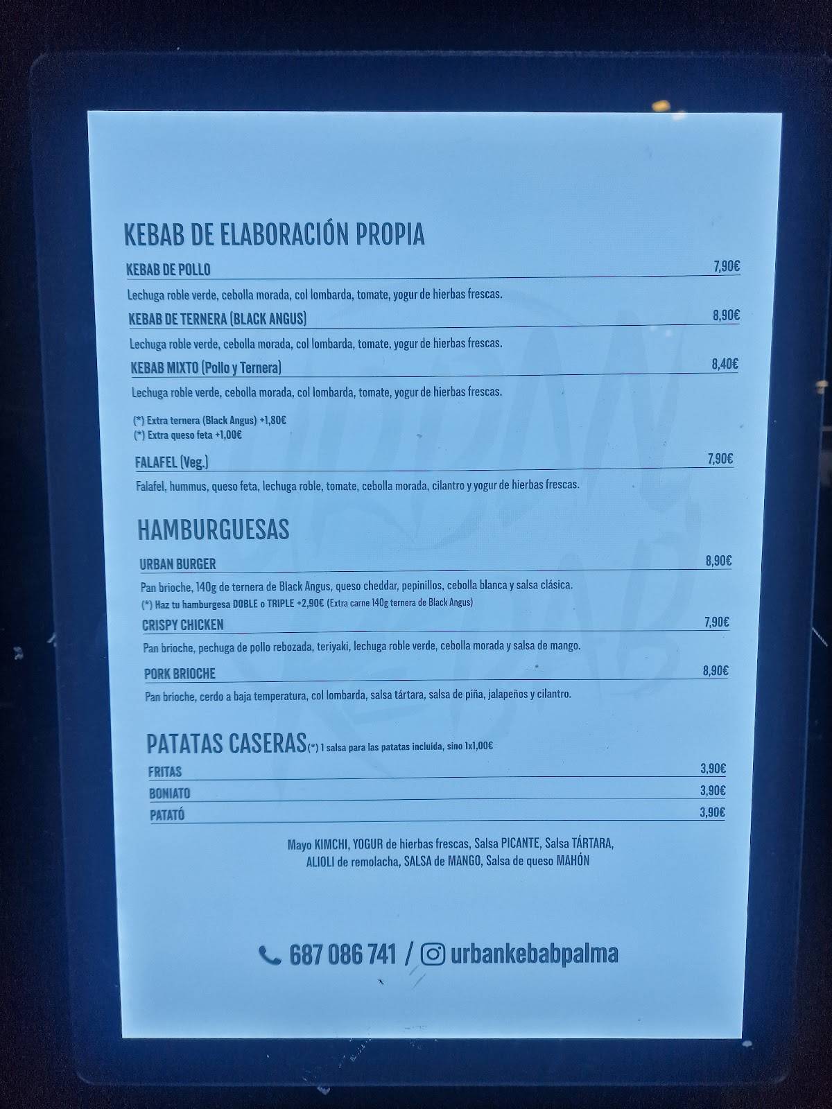 Carta del restaurante Urban Kebab, Palma del Mallorca