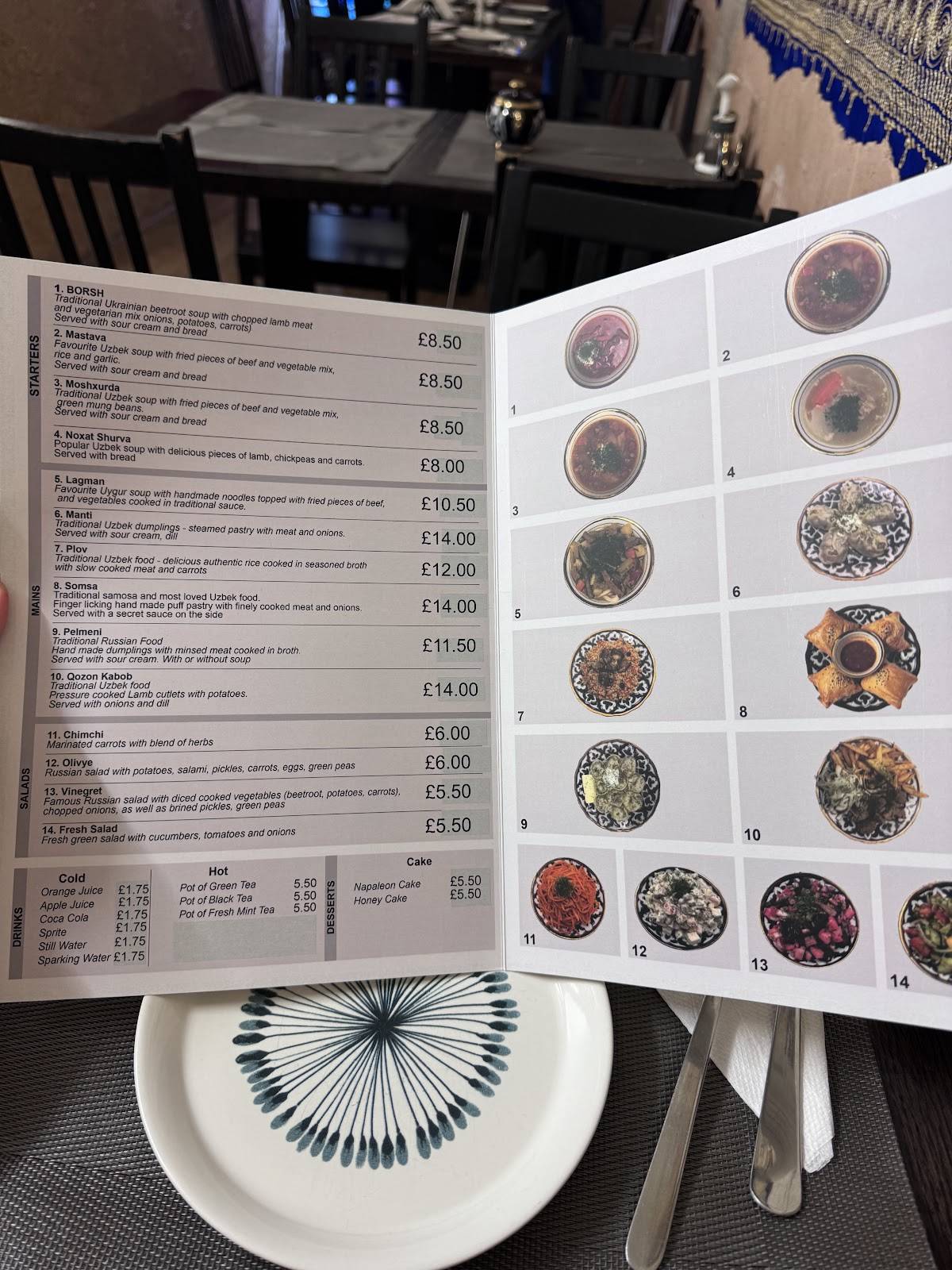 Menu at Uzbek Corner cafe, London
