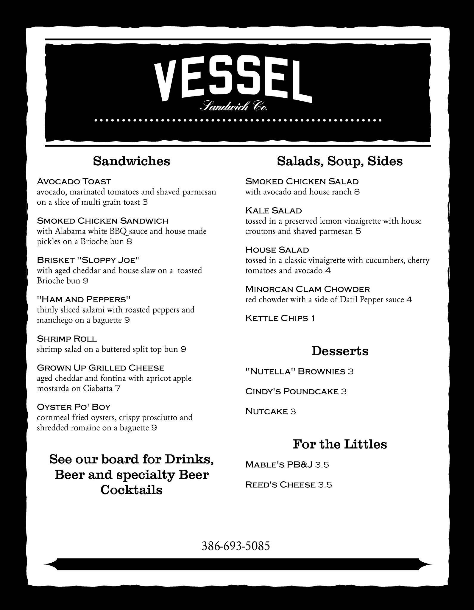 Menu at VESSEL SANDWICH CO. pub & bar, Flagler Beach