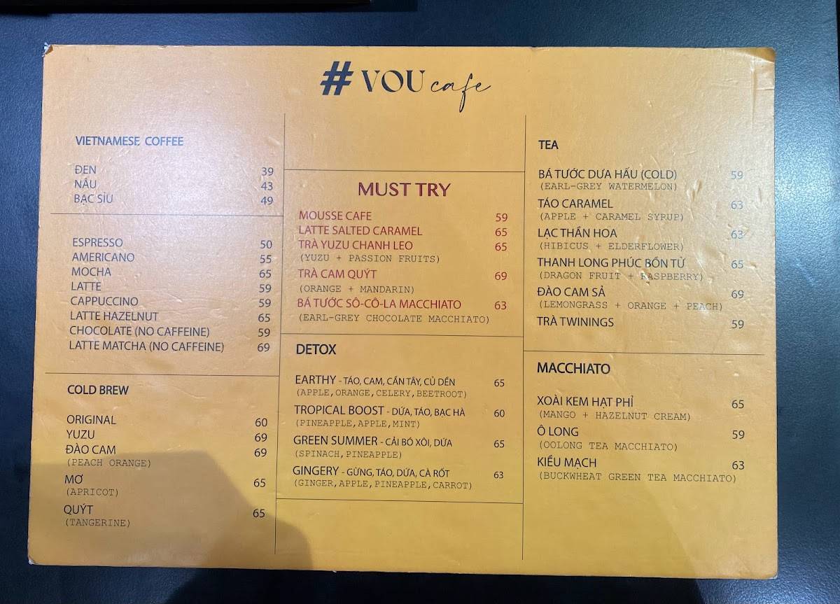 Menu at VOU Cafe, Hanoi