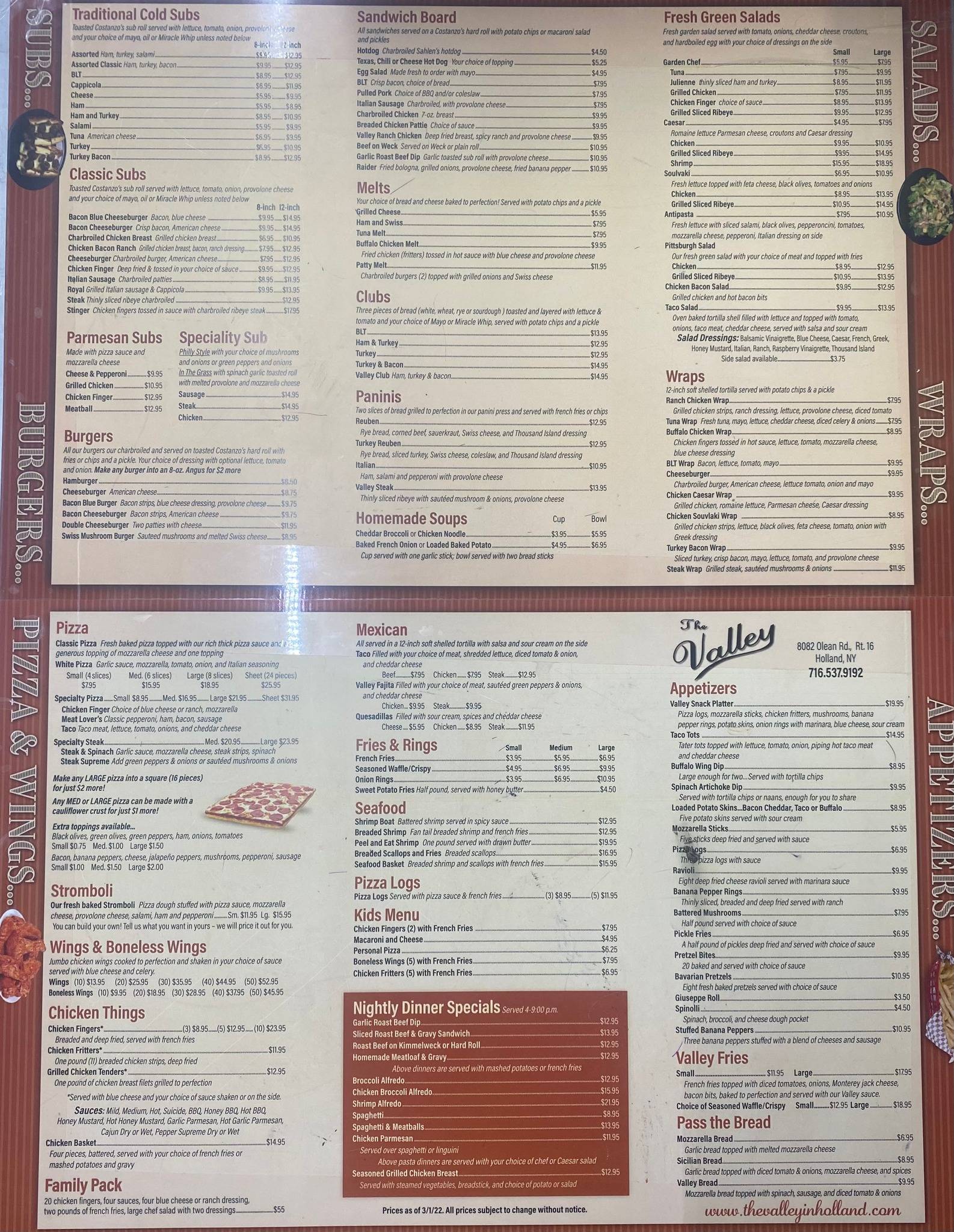 Menu at Valley Inn pub & bar, Holland