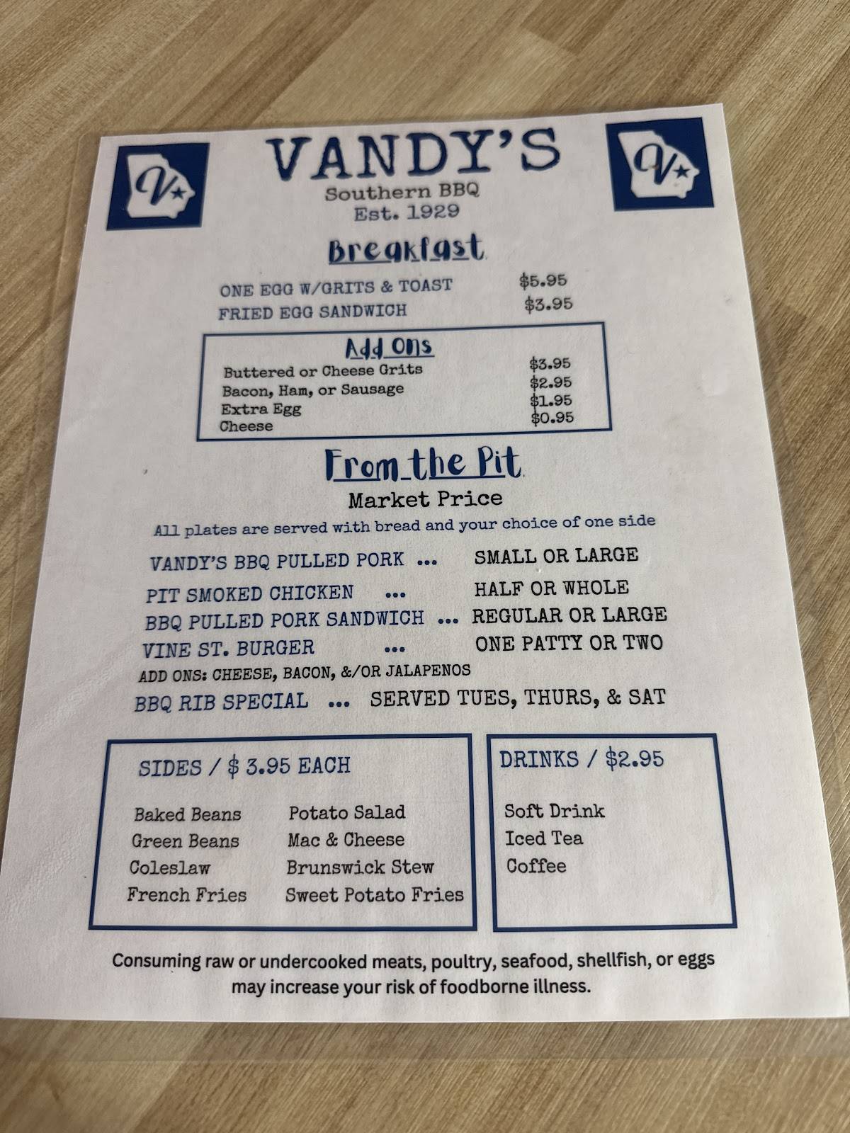 Menu at Vandy's Bar-B-Q (Downtown), Statesboro, 22 W Vine St