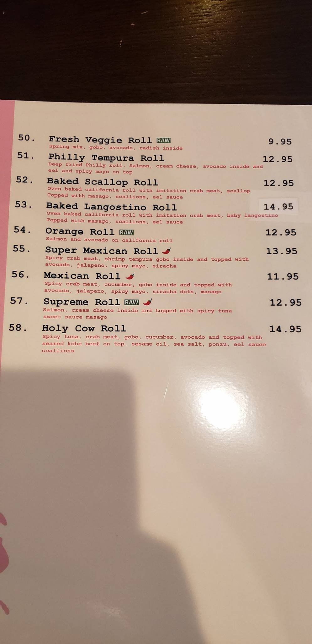 Menu at Vanilla Fish restaurant, Chino Hills