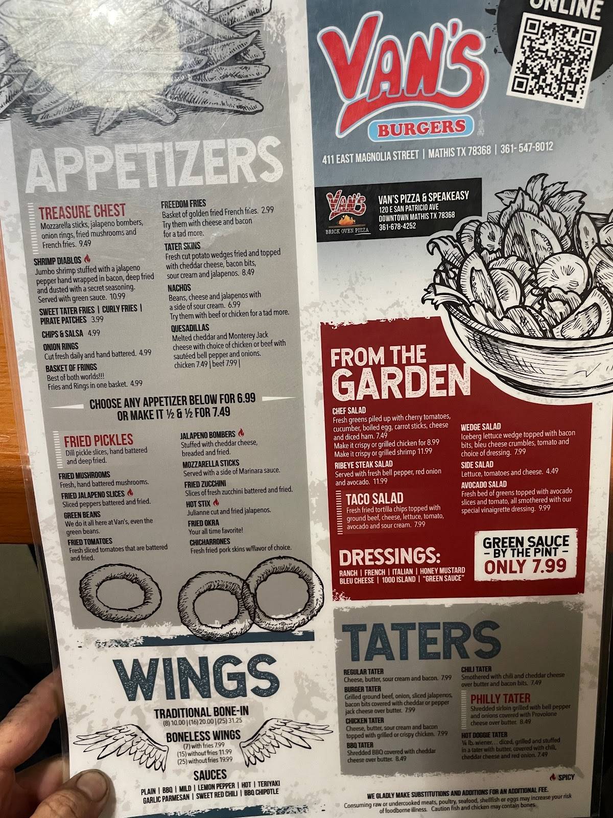 Menu at Van's Burgers & Soda Bar, Mathis