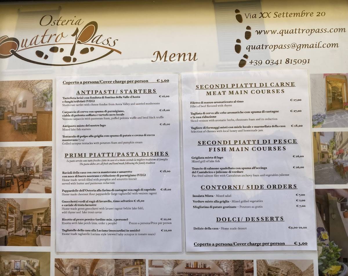 Menu at Osteria Quatro Pass restaurant, Varenna