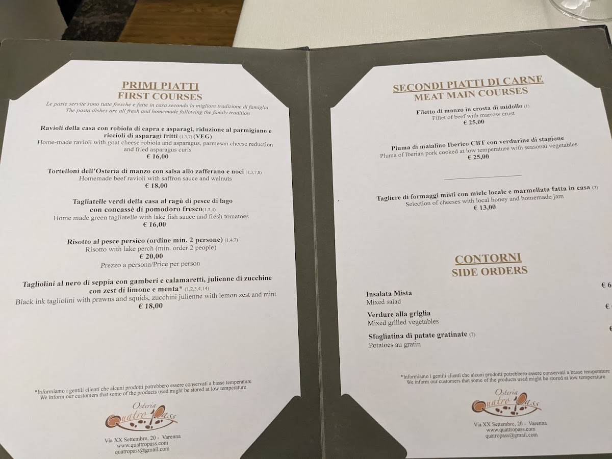 Carta del restaurante Osteria Quatro Pass, Varenna