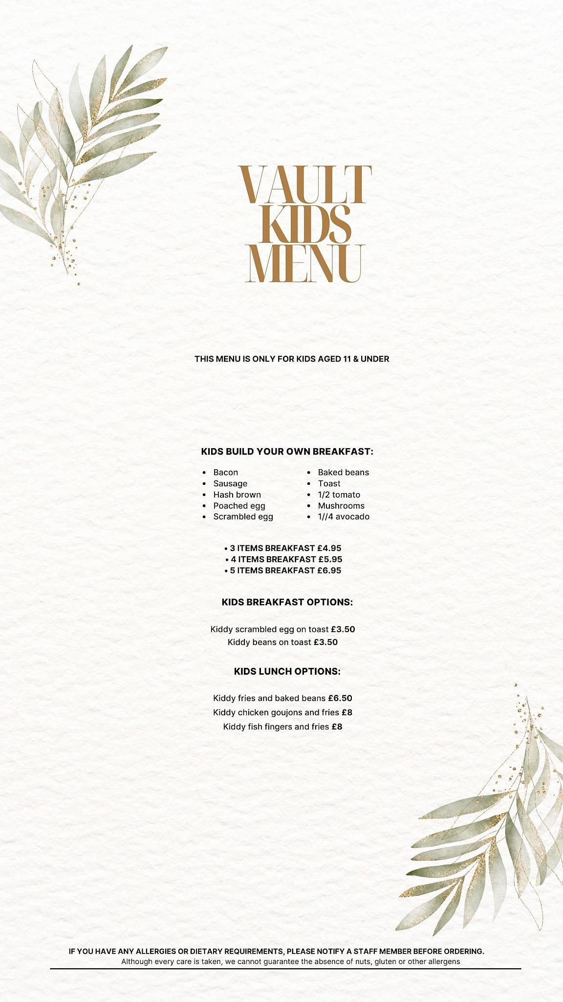 Menu at Vault restaurant, Nottingham