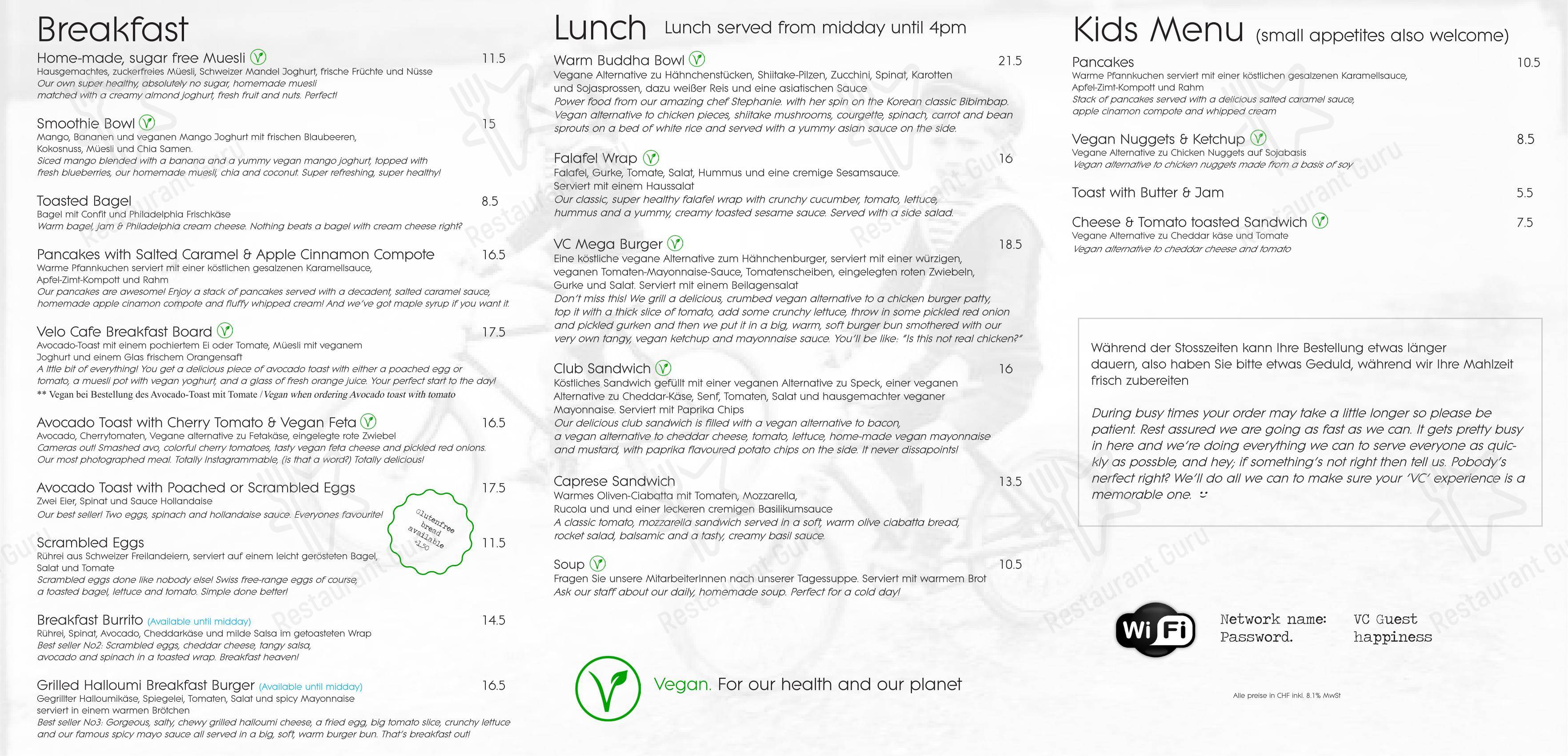 Speisekarte von Velo Cafe, Interlaken