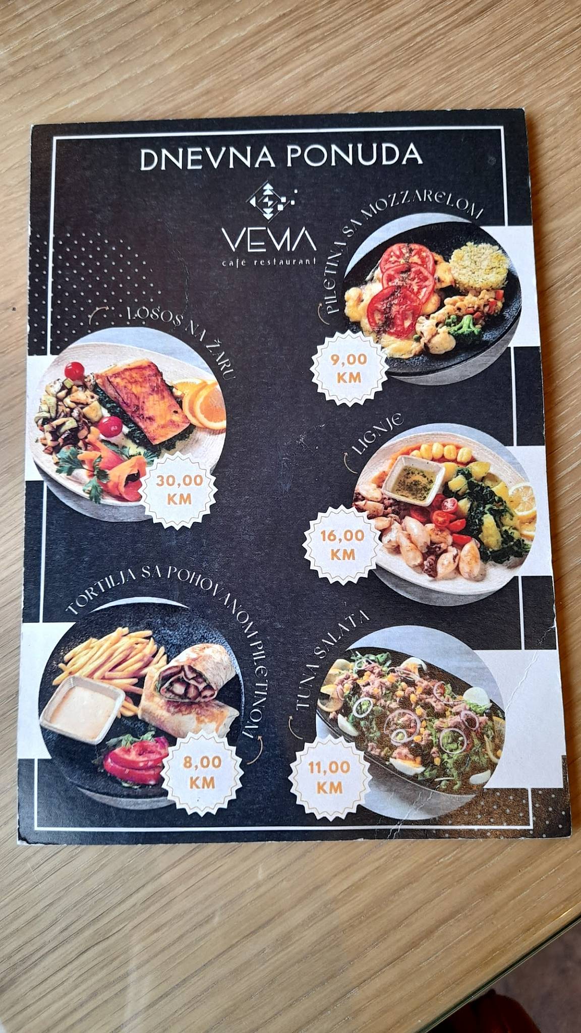Menu at Vema restaurant, Visoko
