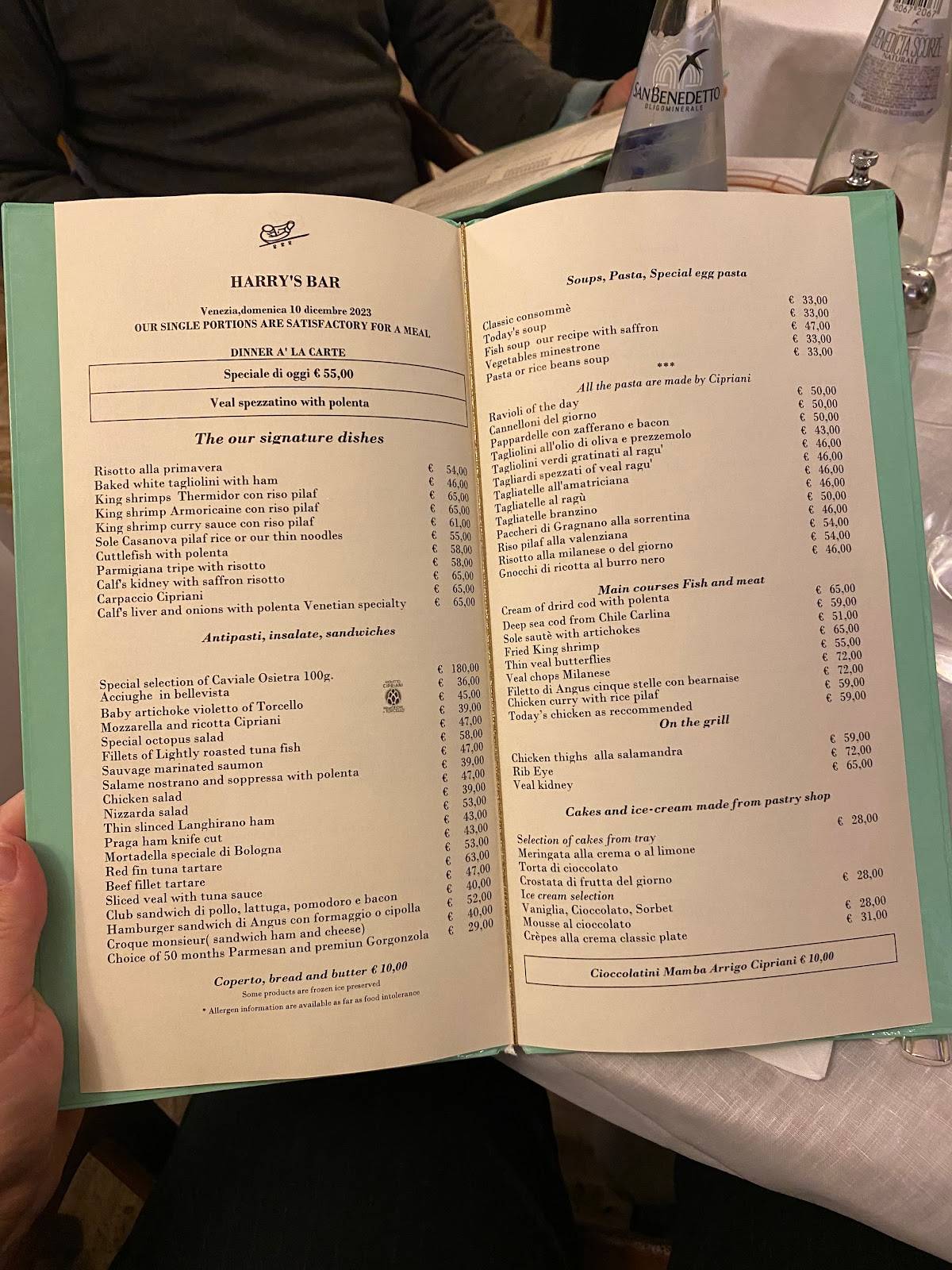 Menu at Harry's Bar, Venice, Calle Vallaresso