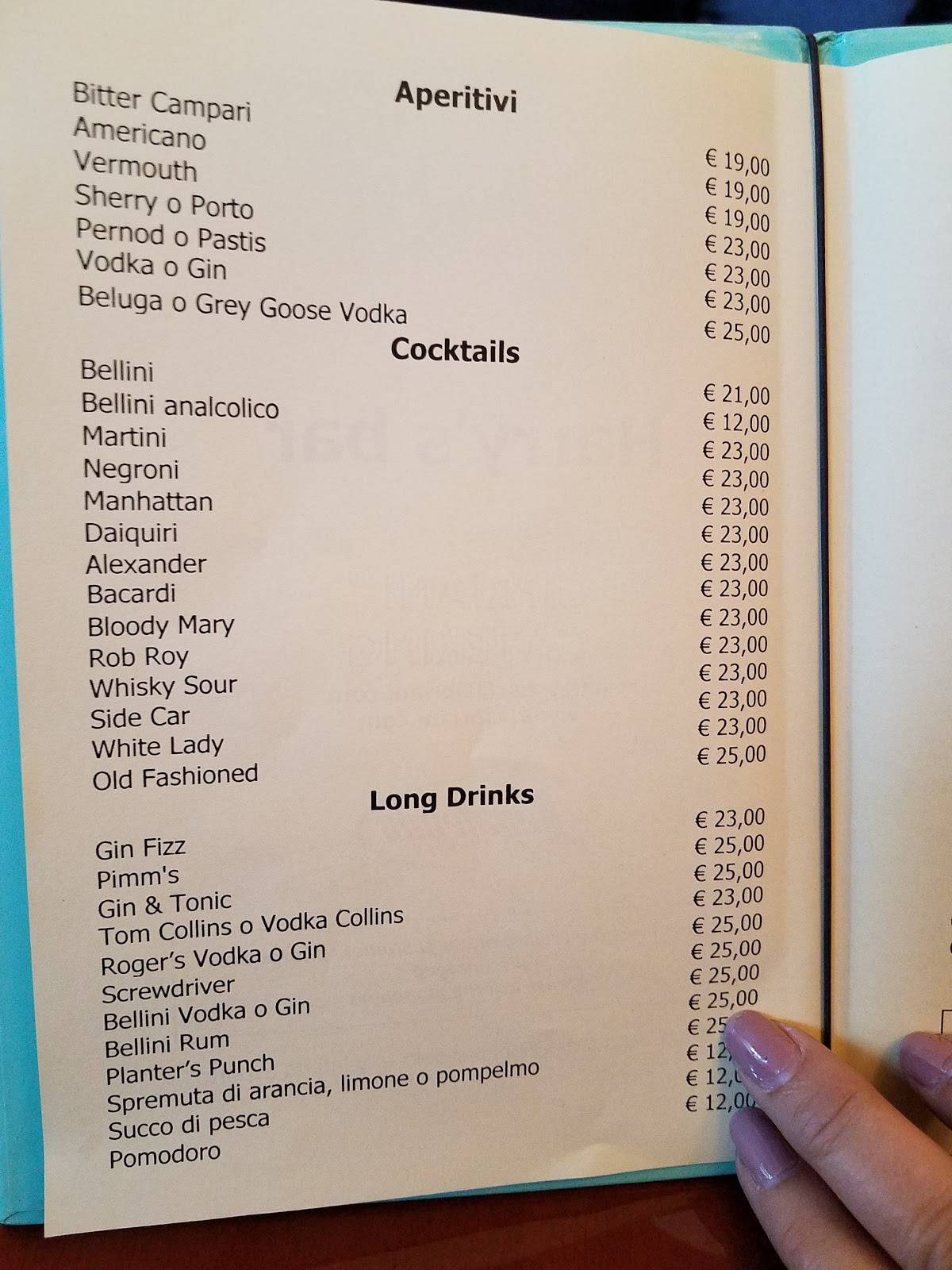 Menu at Harry's Bar, Venice, Calle Vallaresso