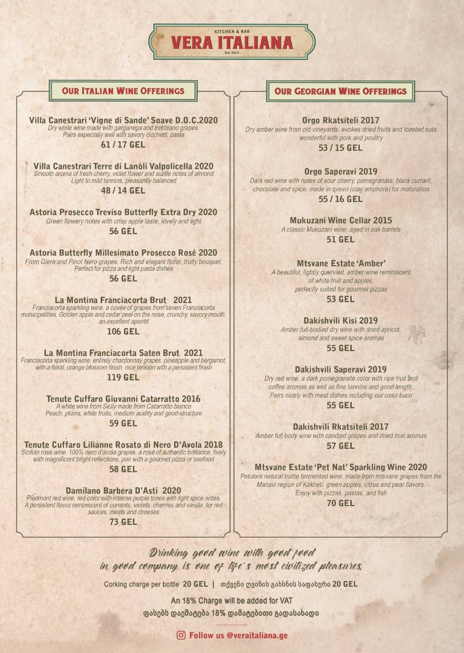 Menu at Vera Italiana Restaurant, Tbilisi