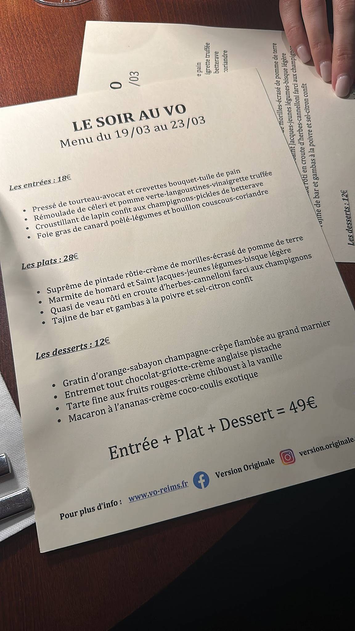 Menu at Version Originale restaurant, Reims