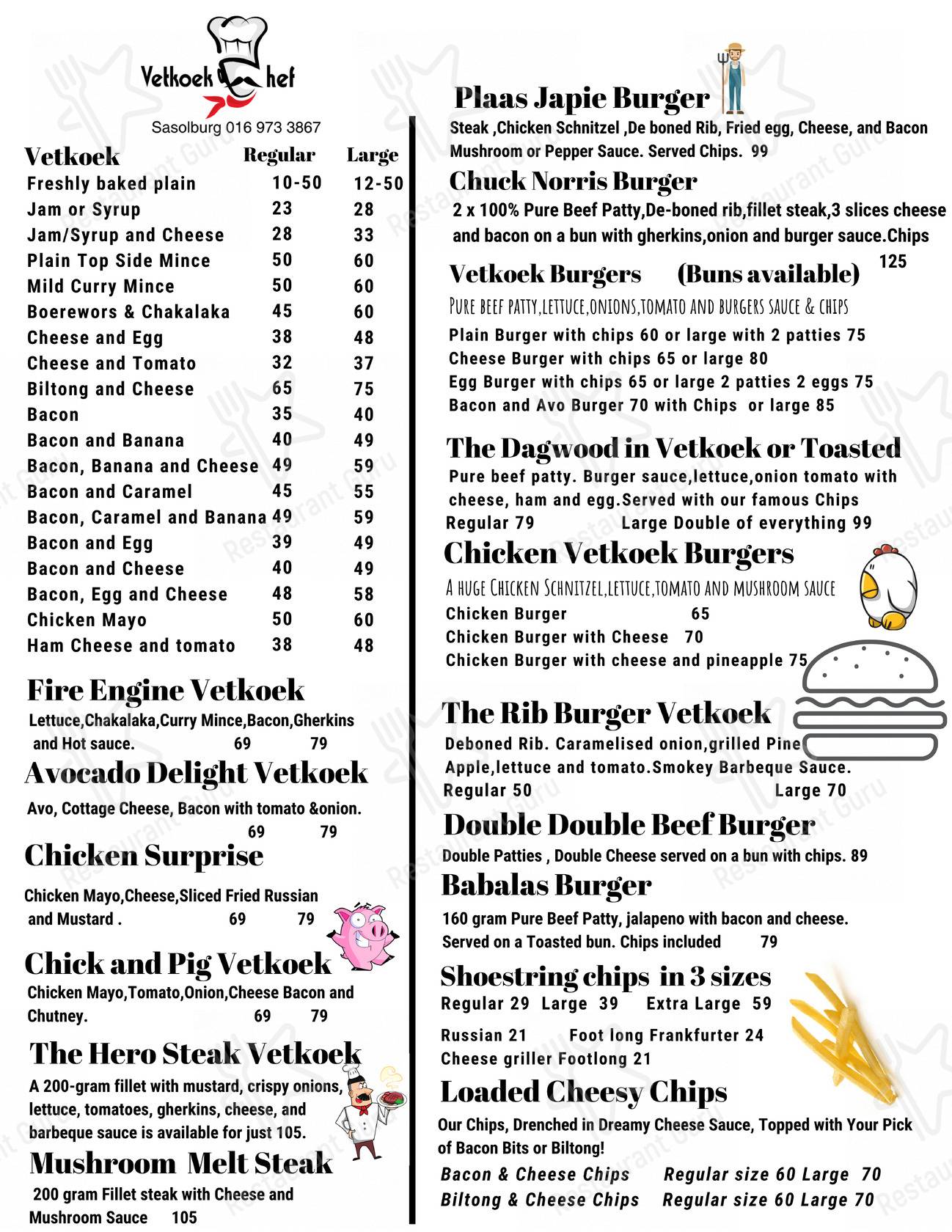 Menu at Vetkoek Chef restaurant, Sasolburg