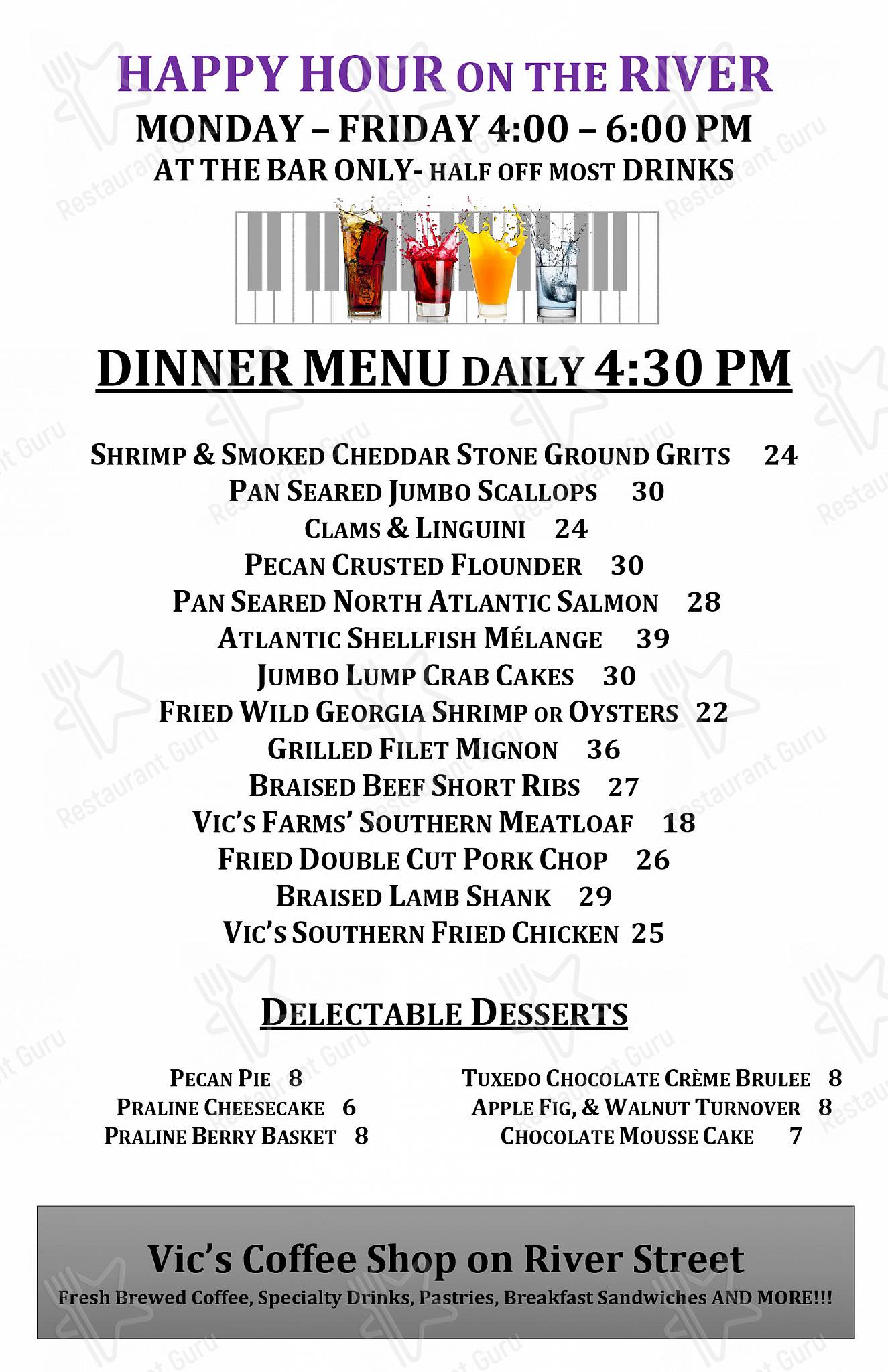 Menu at Vic's On the River pub & bar, Savannah