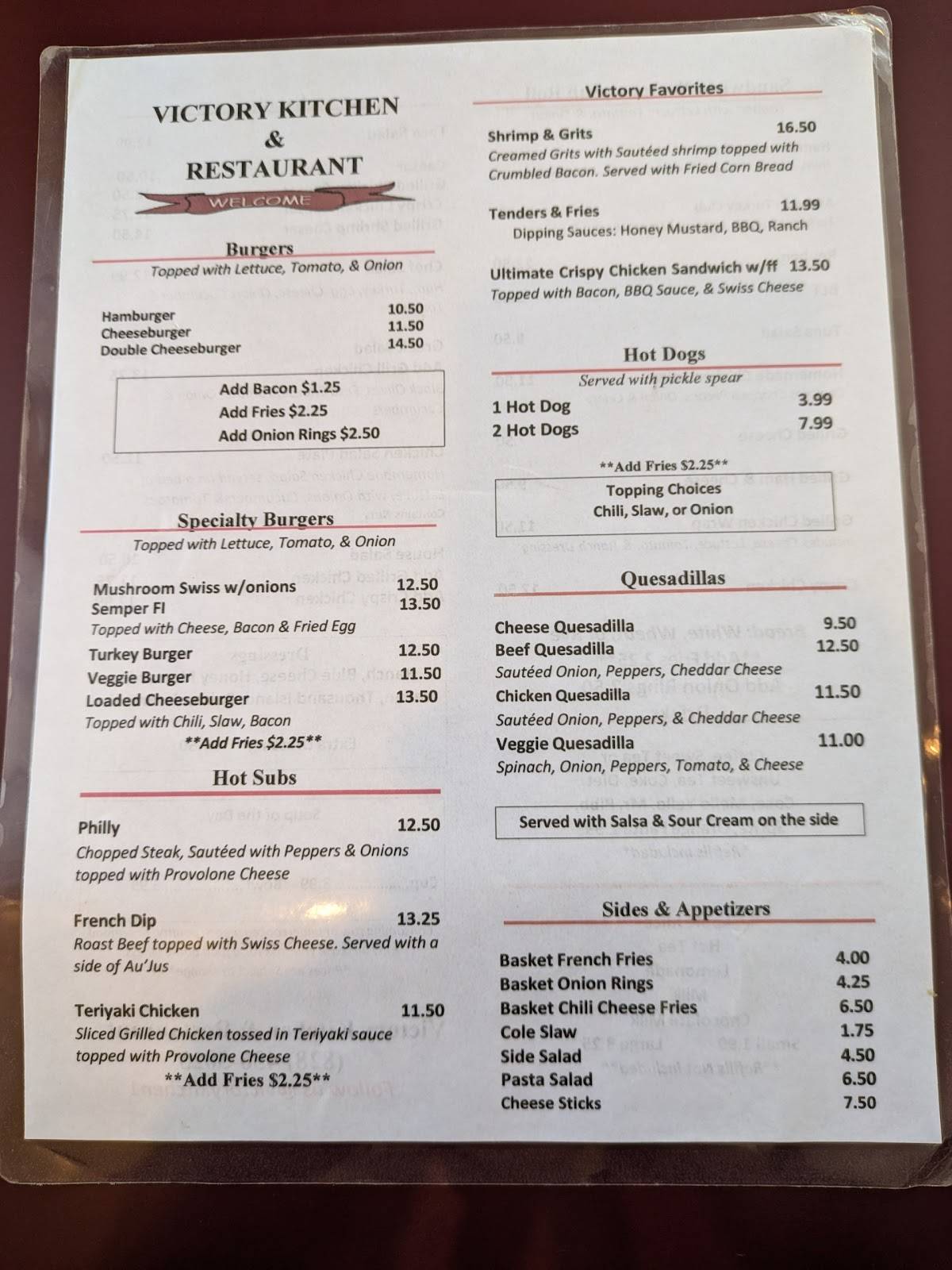 Menu at Victory Kitchen restaurant, Lake Lure