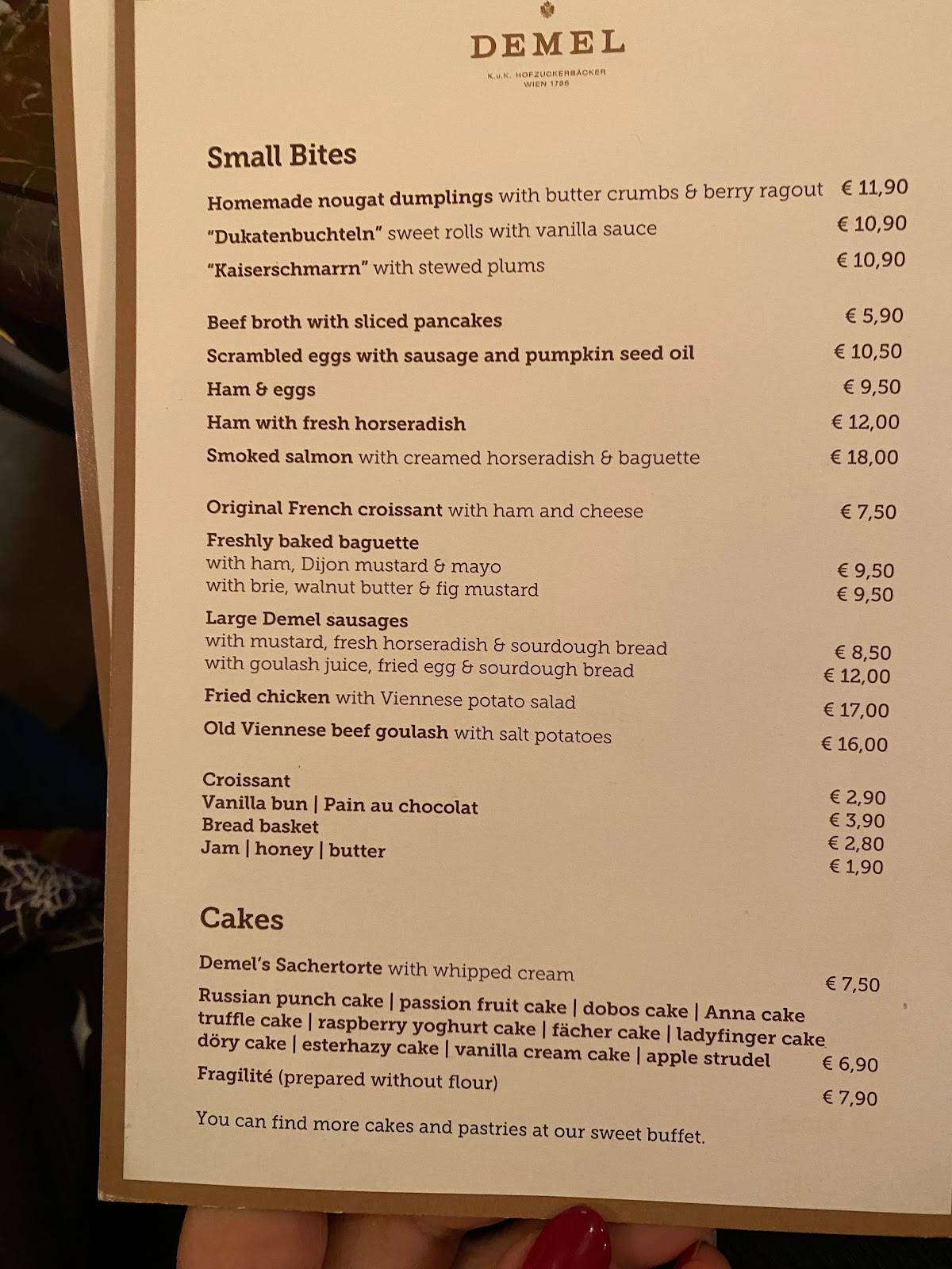 Speisekarte von Café Demel cafe, Wien, Kohlmarkt 14