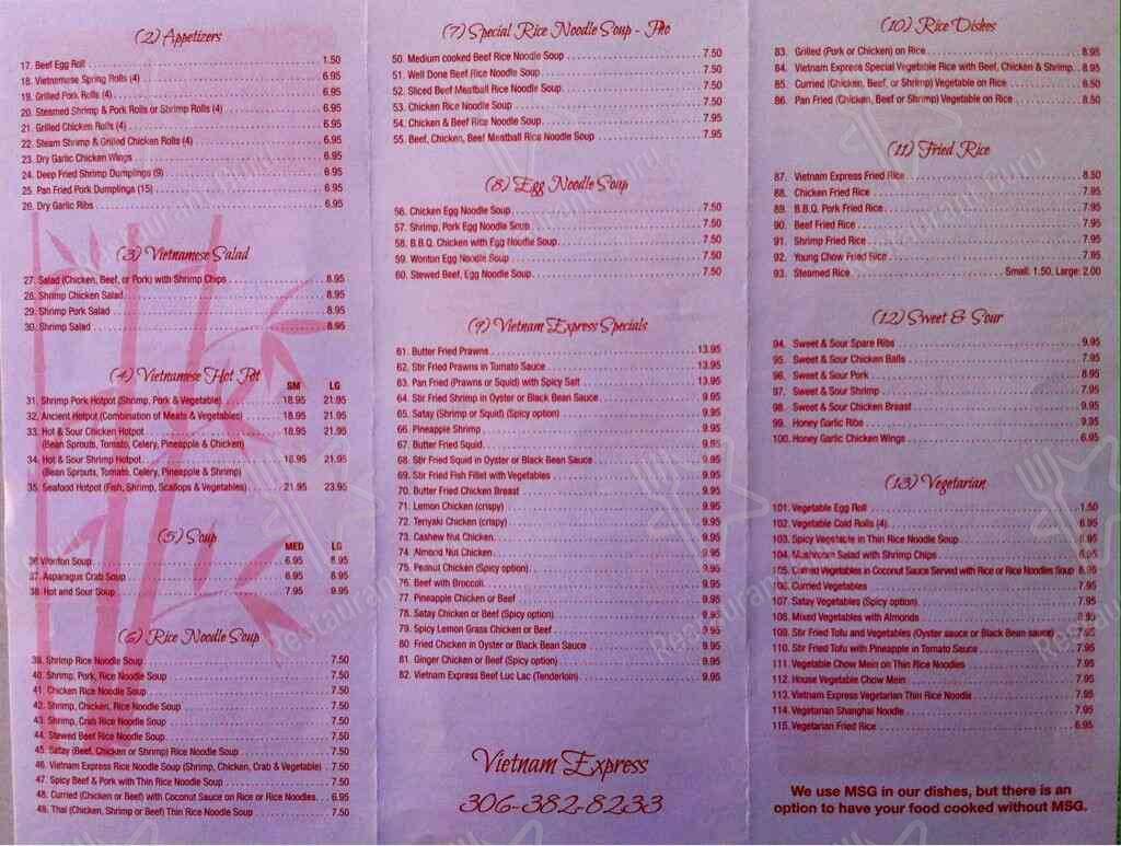 Menu at Vietnam Express restaurant, Saskatoon