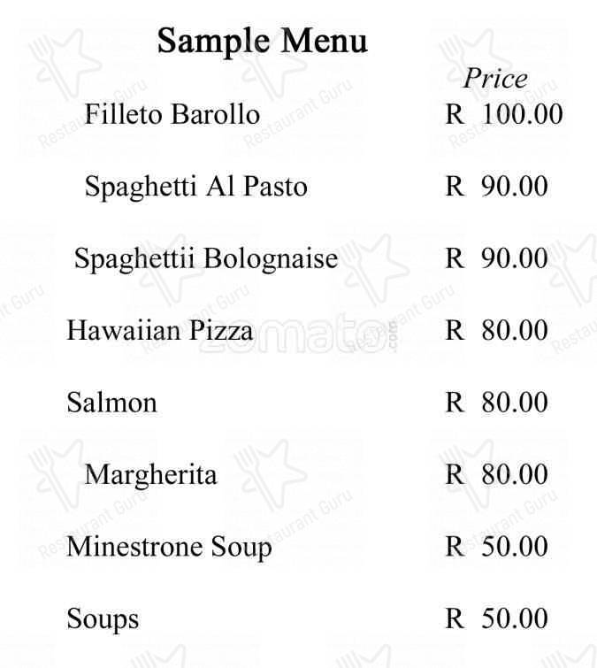 Menu at Villa Paolo restaurant, Pretoria