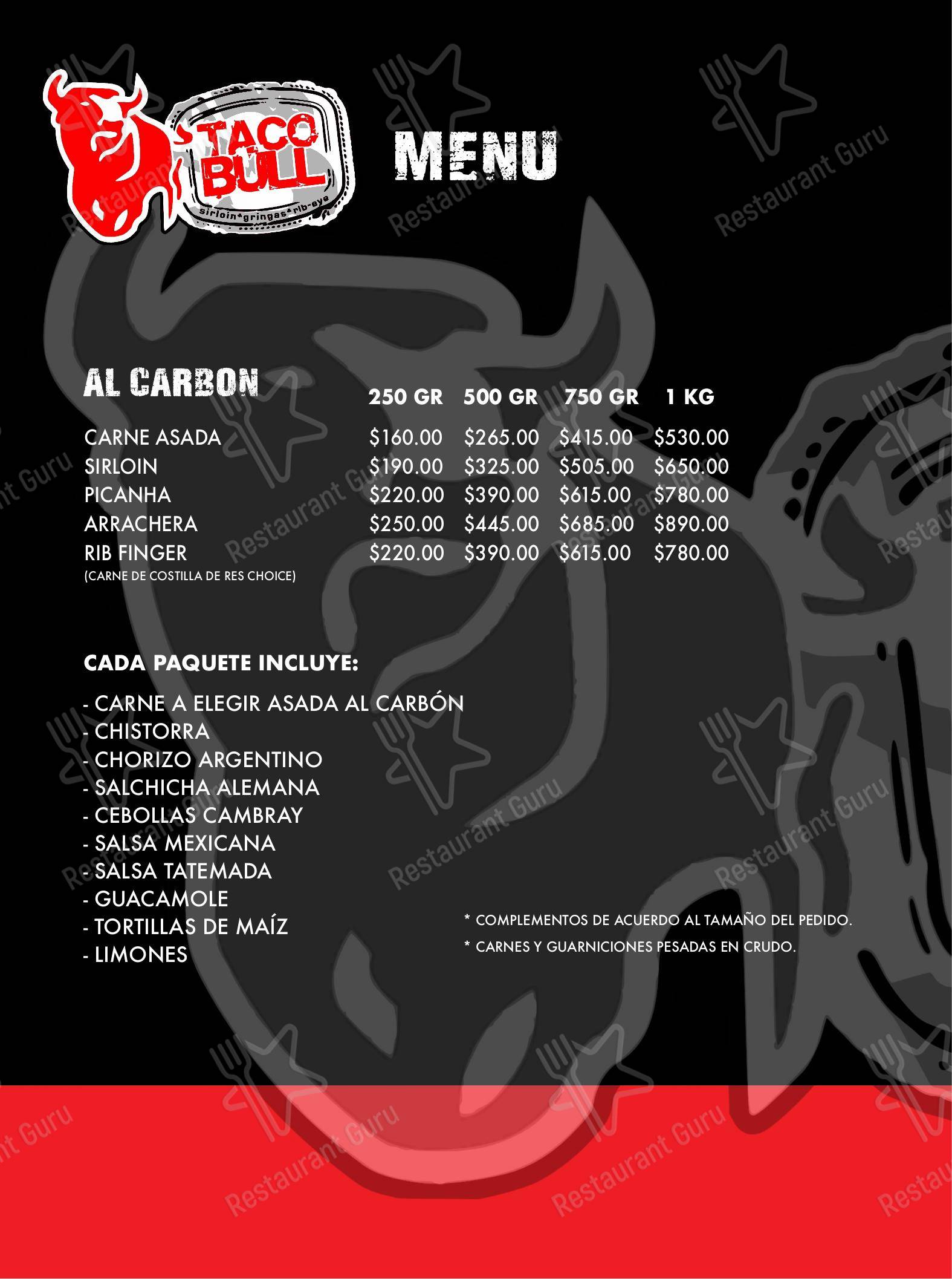Carta del restaurante Taco Bull, Villahermosa