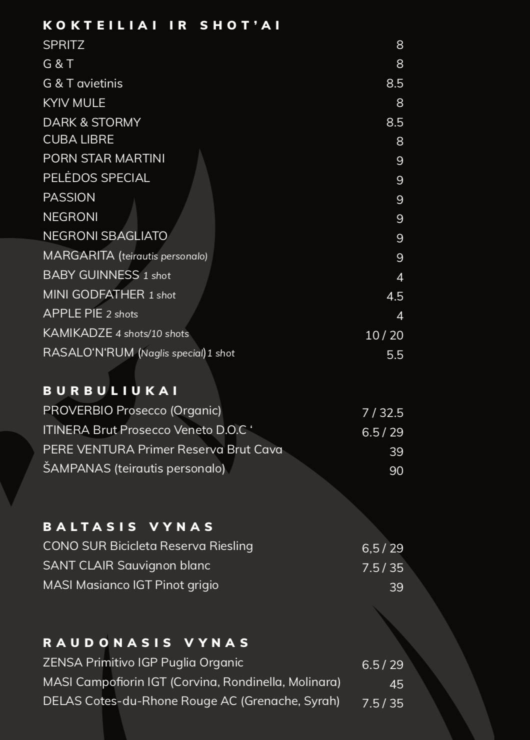 Menu at Pelėdos beer & snacks bar, Vilnius