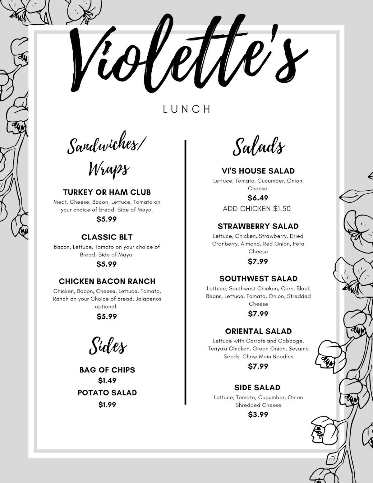 Menu at Violette’s, Lincoln