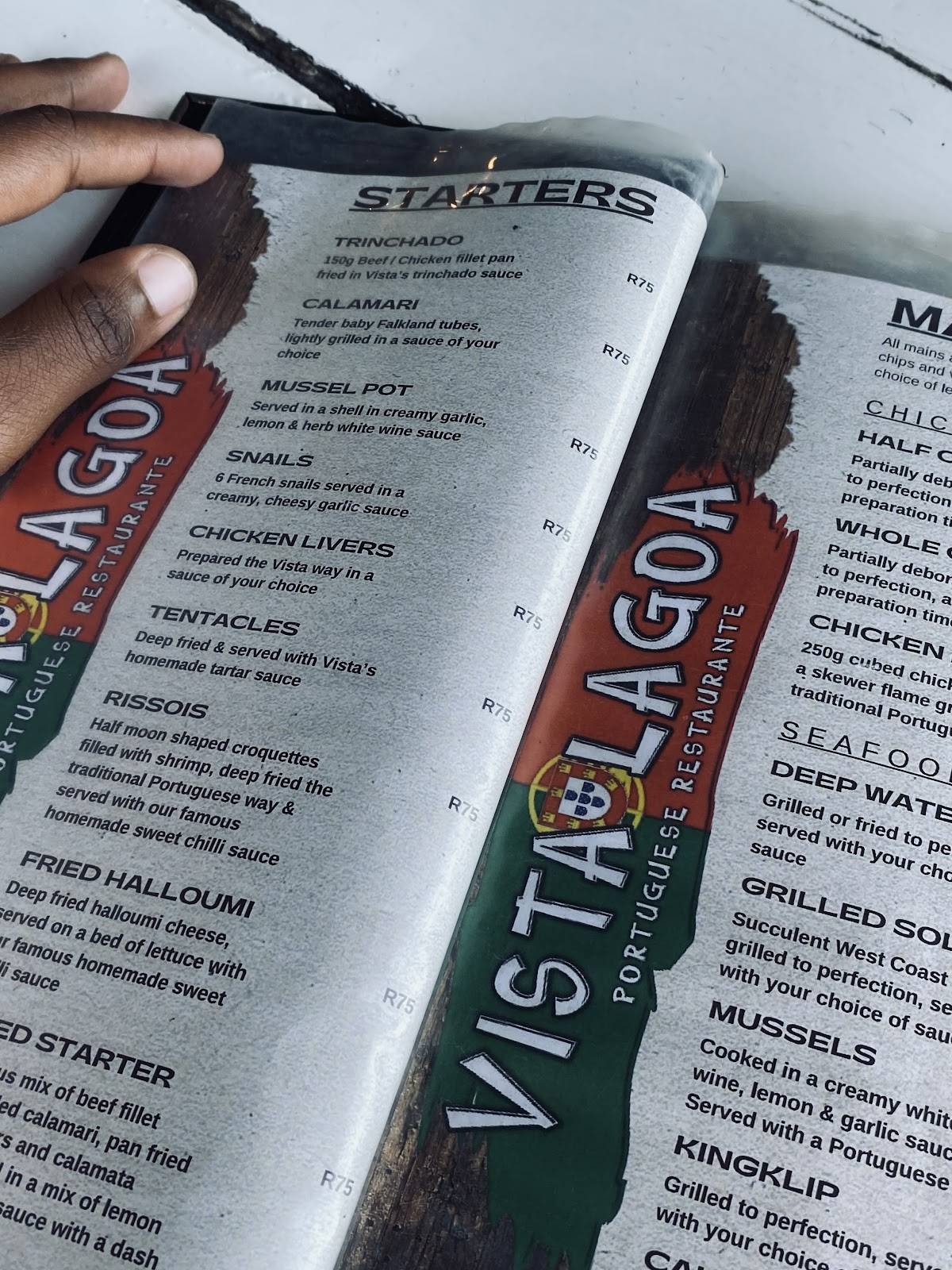Menu at Vista Lagoa restaurant, Mtunzini