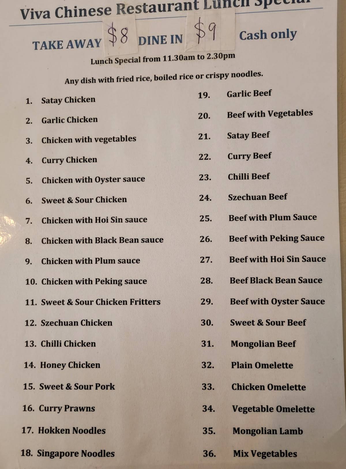 Menu at Viva Chinese Restaurant, Engadine