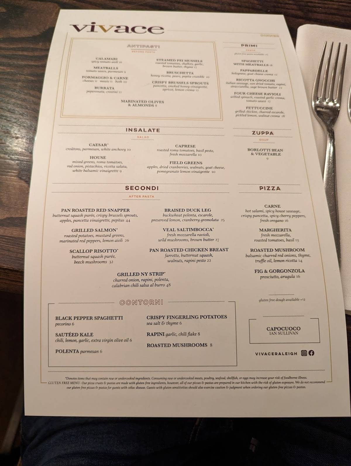 Menu at Vivace restaurant, Raleigh