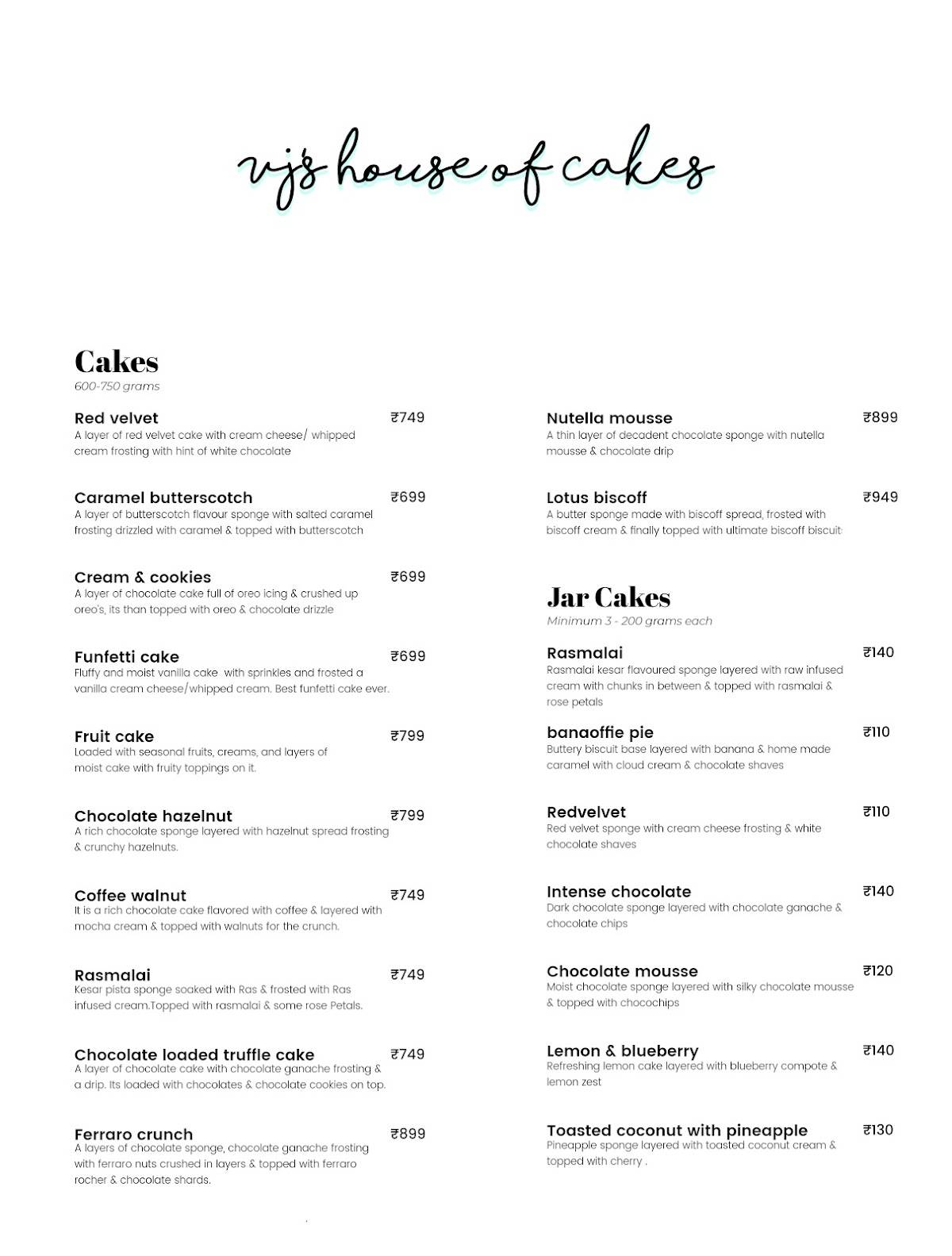Menu at Vj's House of cakes, Hyderabad