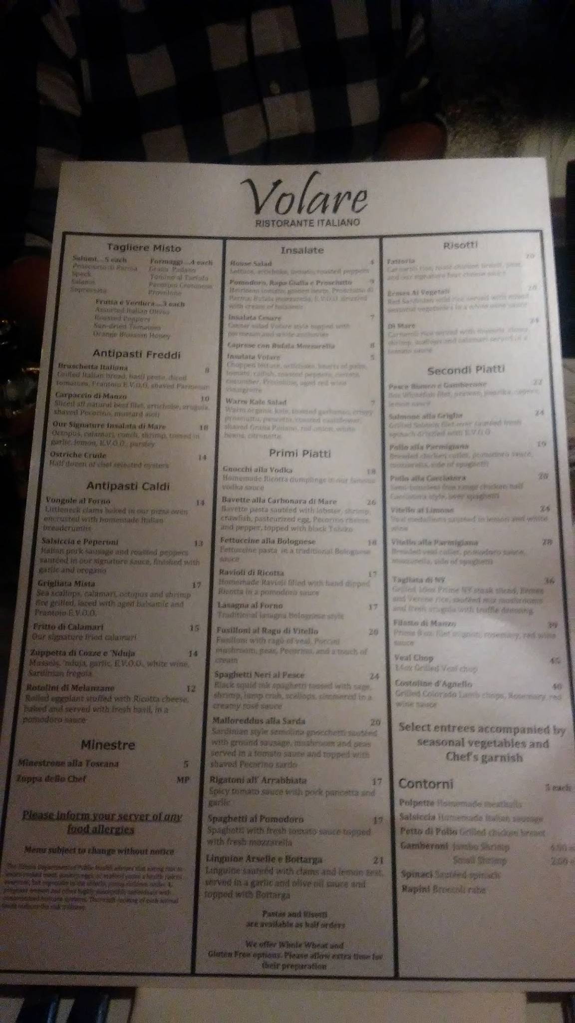 Menu at Volare Ristorante Italiano restaurant, Chicago, 201 E Grand Ave