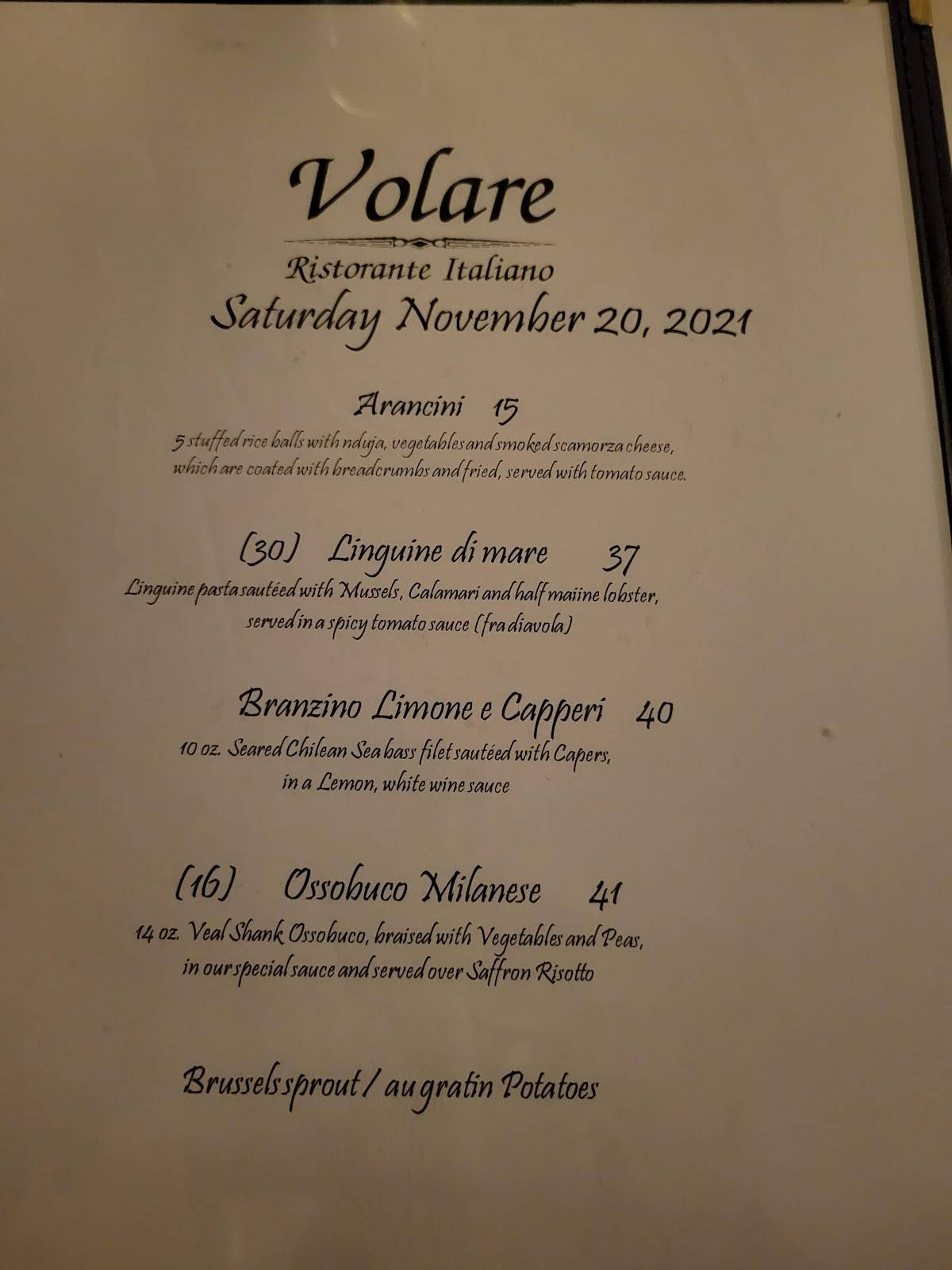 Menu at Volare Ristorante Italiano restaurant, Chicago, 201 E Grand Ave