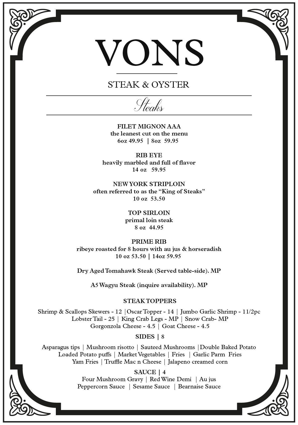 Menu at Vons Steak House steakhouse, Edmonton
