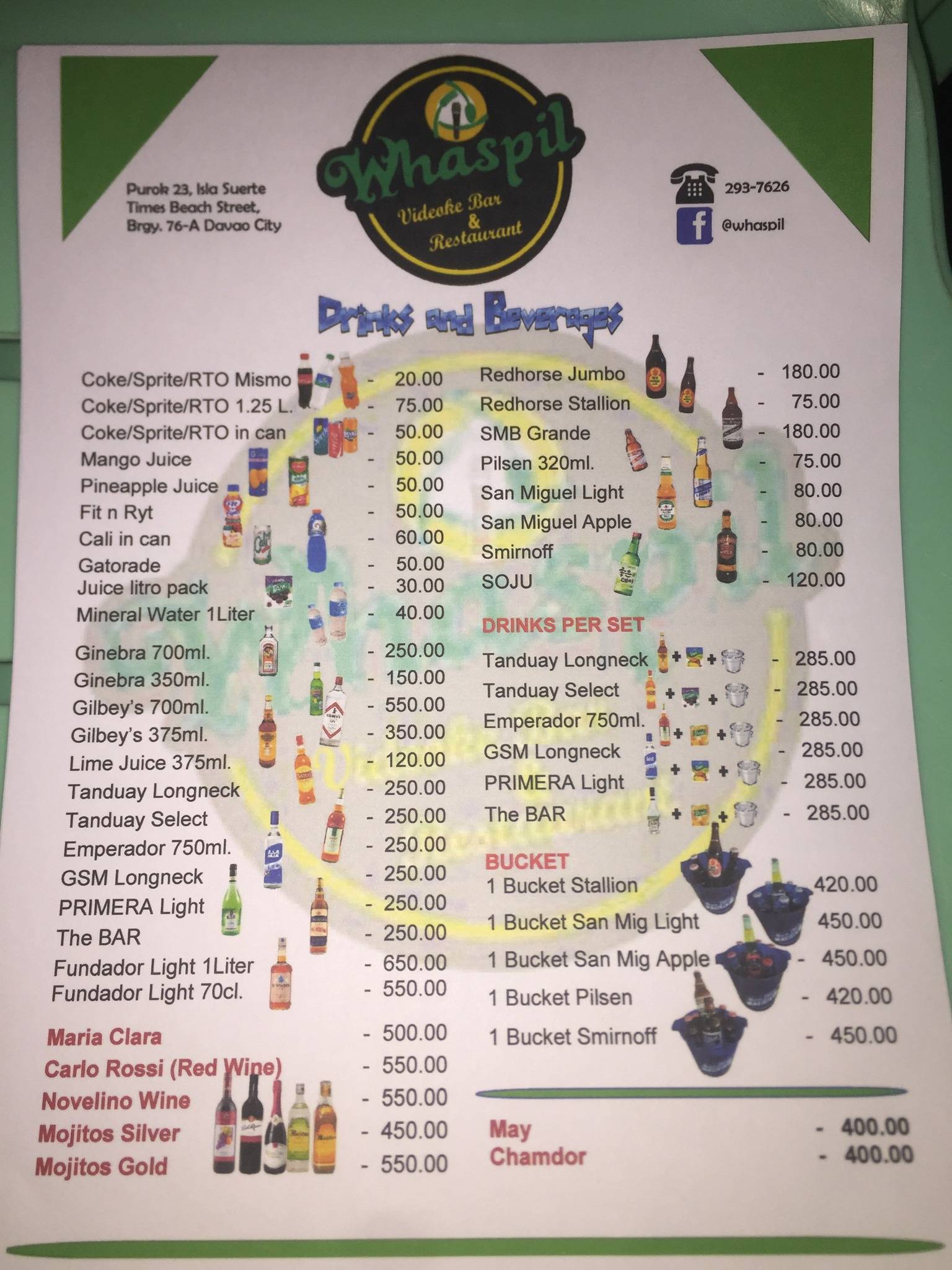 Menu at WHASPIL restaurant, Davao City
