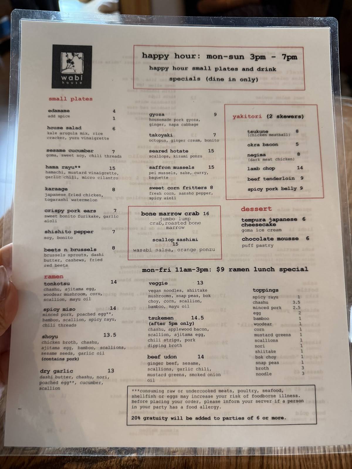 Menu at Wabi House Frisco pub & bar, Frisco