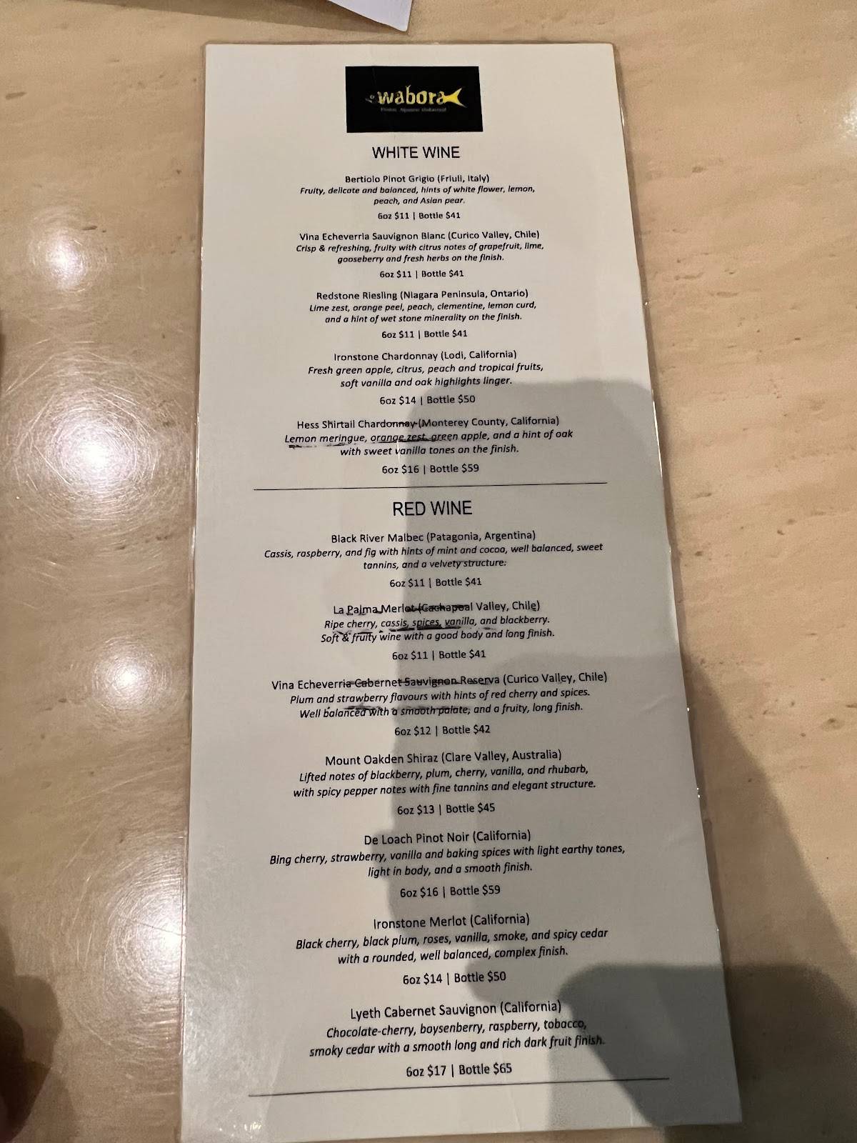 Menu at Wabora restaurant, Bracebridge, 295 Wellington St N