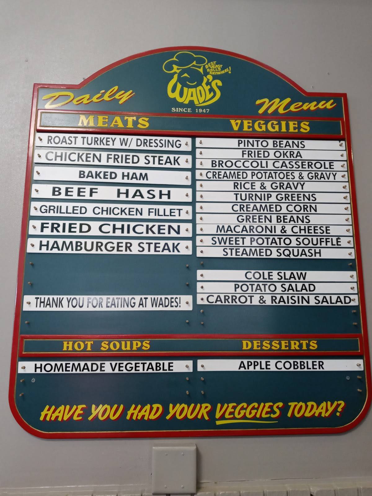 Menu at Wade's Restaurant, Spartanburg, N Pine St