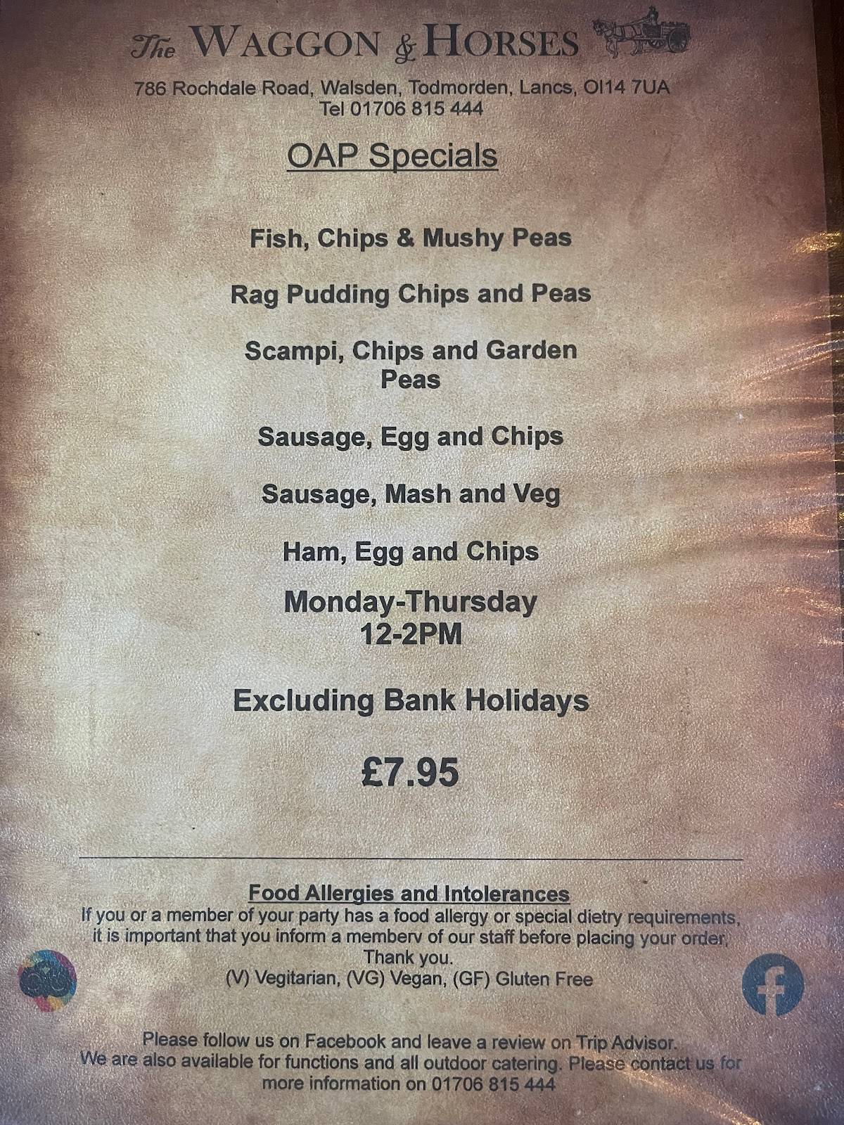 Menu at Waggon & Horses pub & bar, Todmorden, 786 Rochdale Rd