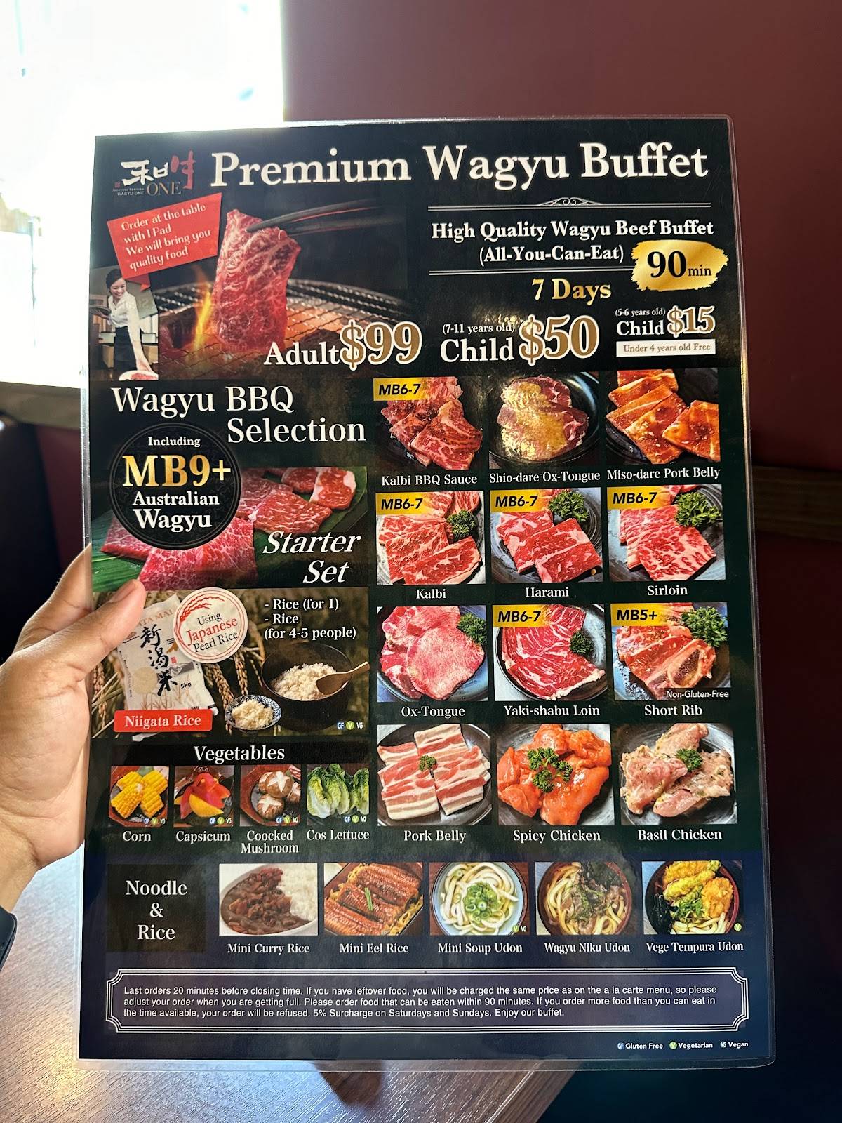 Carta del restaurante Wagyu One, Melbourne