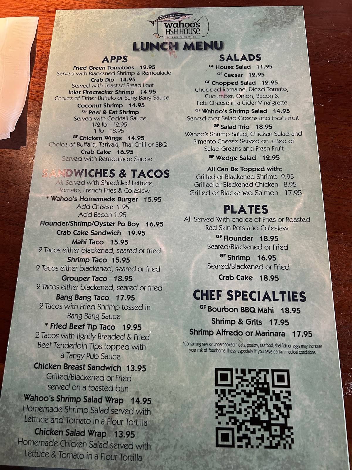 Menu at Wahoos Fish House restaurant, Murrells Inlet