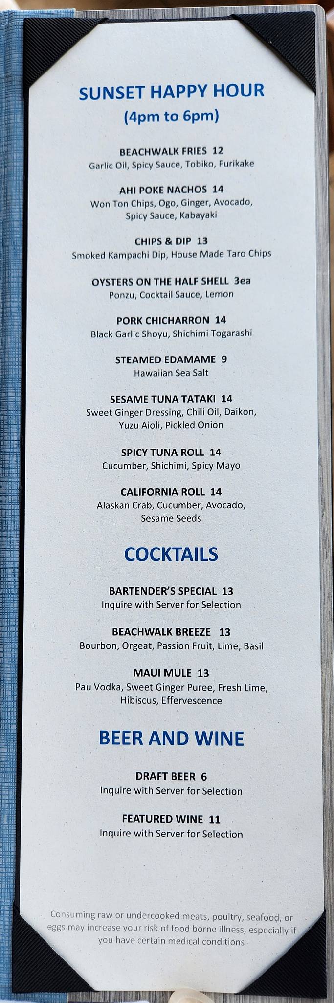 Menu at Wai'olu Ocean Cusine restaurant, Honolulu