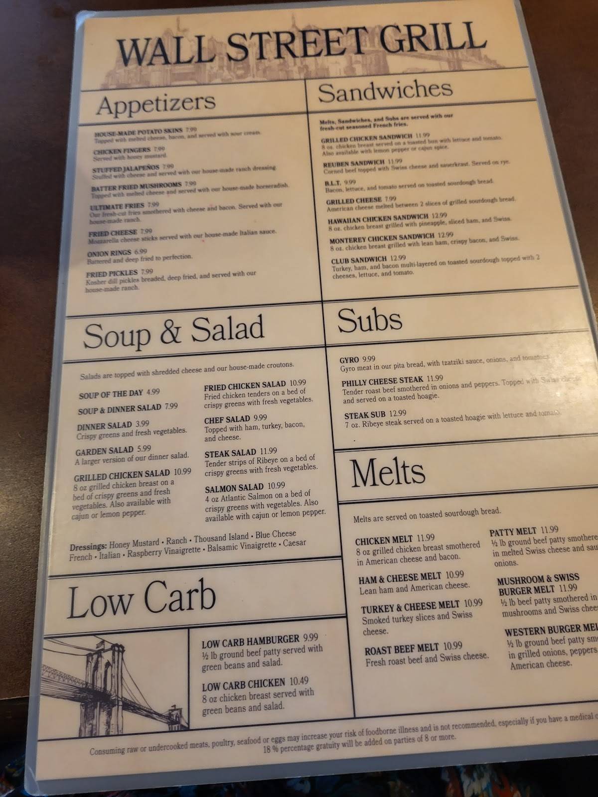 Menu at Wall Street Grill restaurant, Humboldt