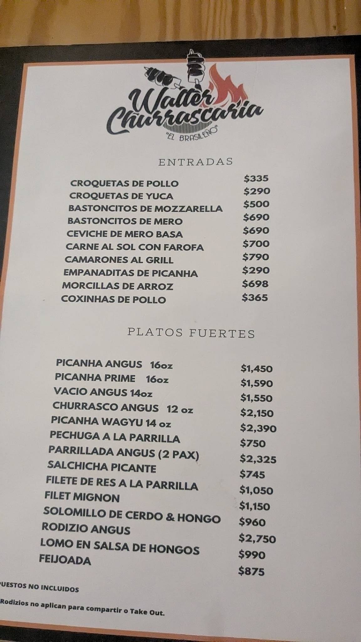 Menu at Walter Churrascaría restaurant, Santo Domingo