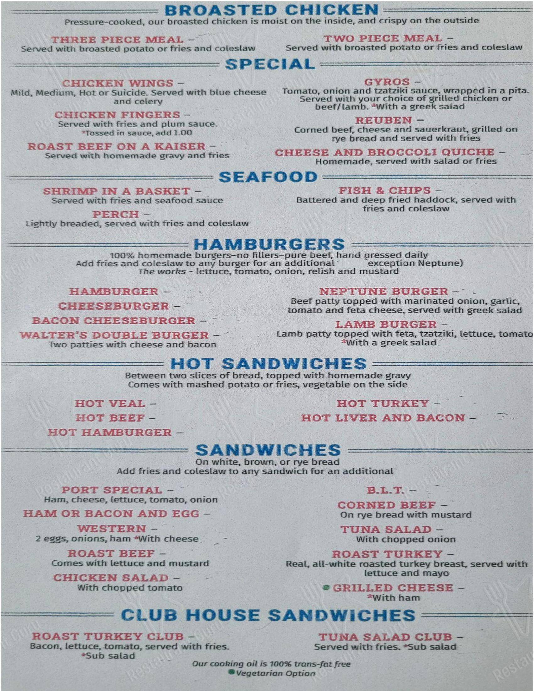 Menu at Walters & Neptunes Restaurant, Port Colborne